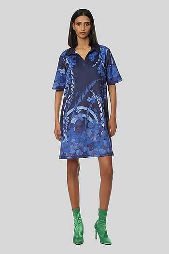 Buy Satya Paul Blue Scuba Floral Print Dress Online | Aza Fashions