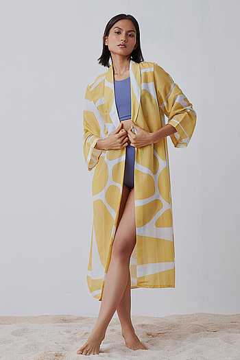 Buy The Summer House Yellow Cotton Silk Dhoop Geometric Print Robe ...