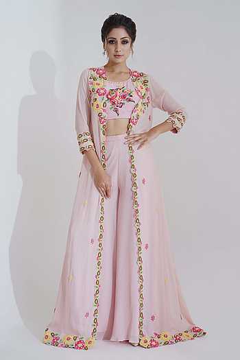 Buy Suruchi Parakh Pink Satin Silk Embroidered Pant Set With Jacket ...