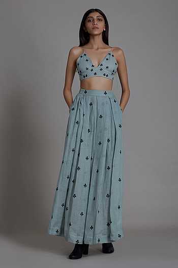 Buy Mati Blue Linen Bralette And Lehenga Set Online | Aza Fashions