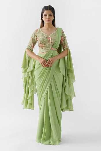 Buy Suruchi Parakh Green Satin Silk Pre-draped Saree With Flared Sleeve ...