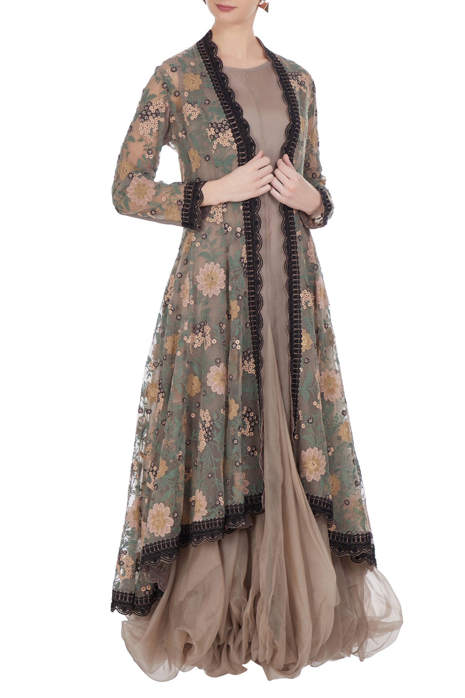 Buy Kavita Bhartia Grey Balloon Flared Tunic With Embroidered Jacket ...