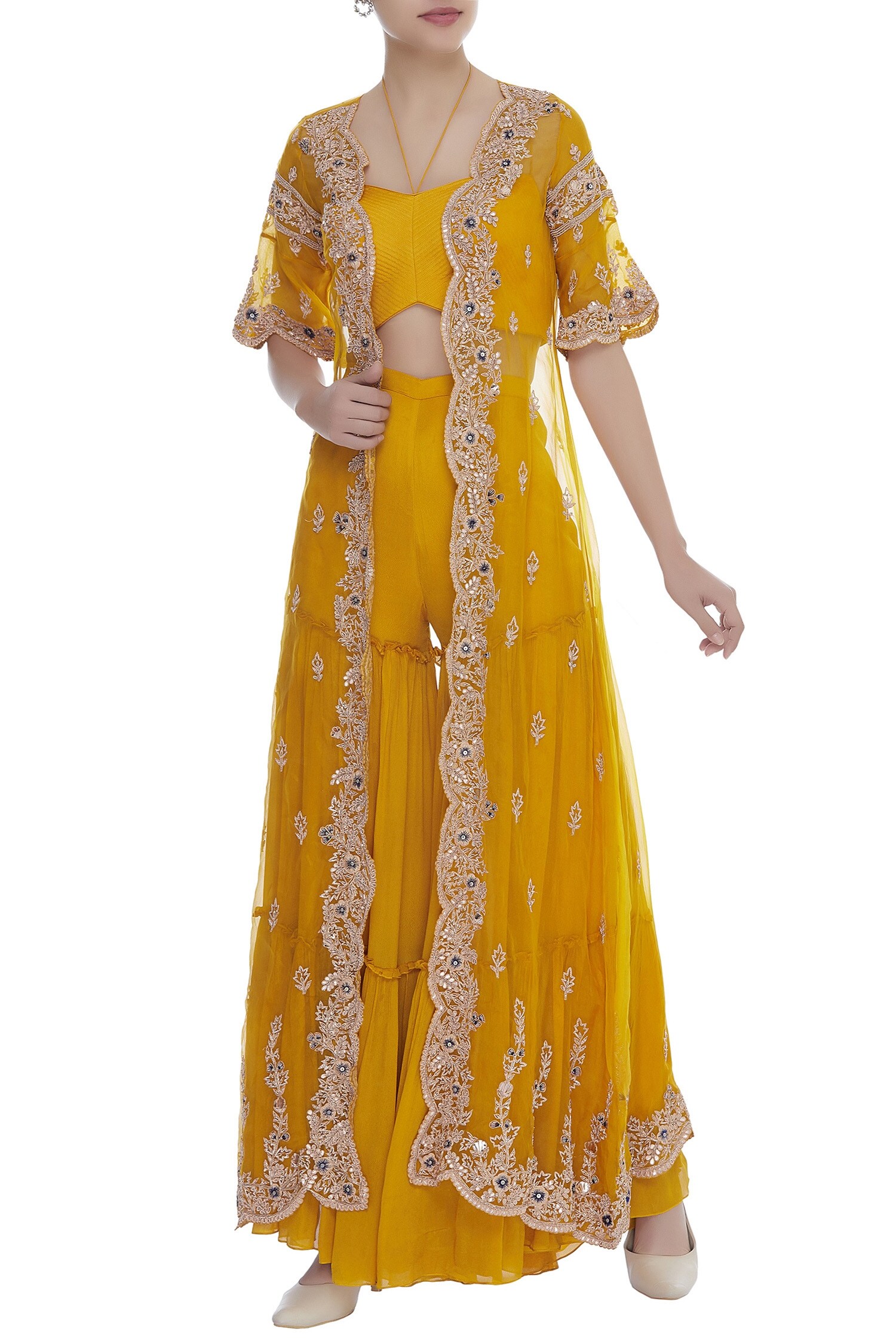 Buy Pleats by Kaksha and Dimple Yellow Gota And Thread Work Cape With ...