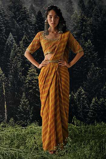Buy Paulmi and Harsh Yellow Leheriya Print Pre-draped Saree With Blouse ...