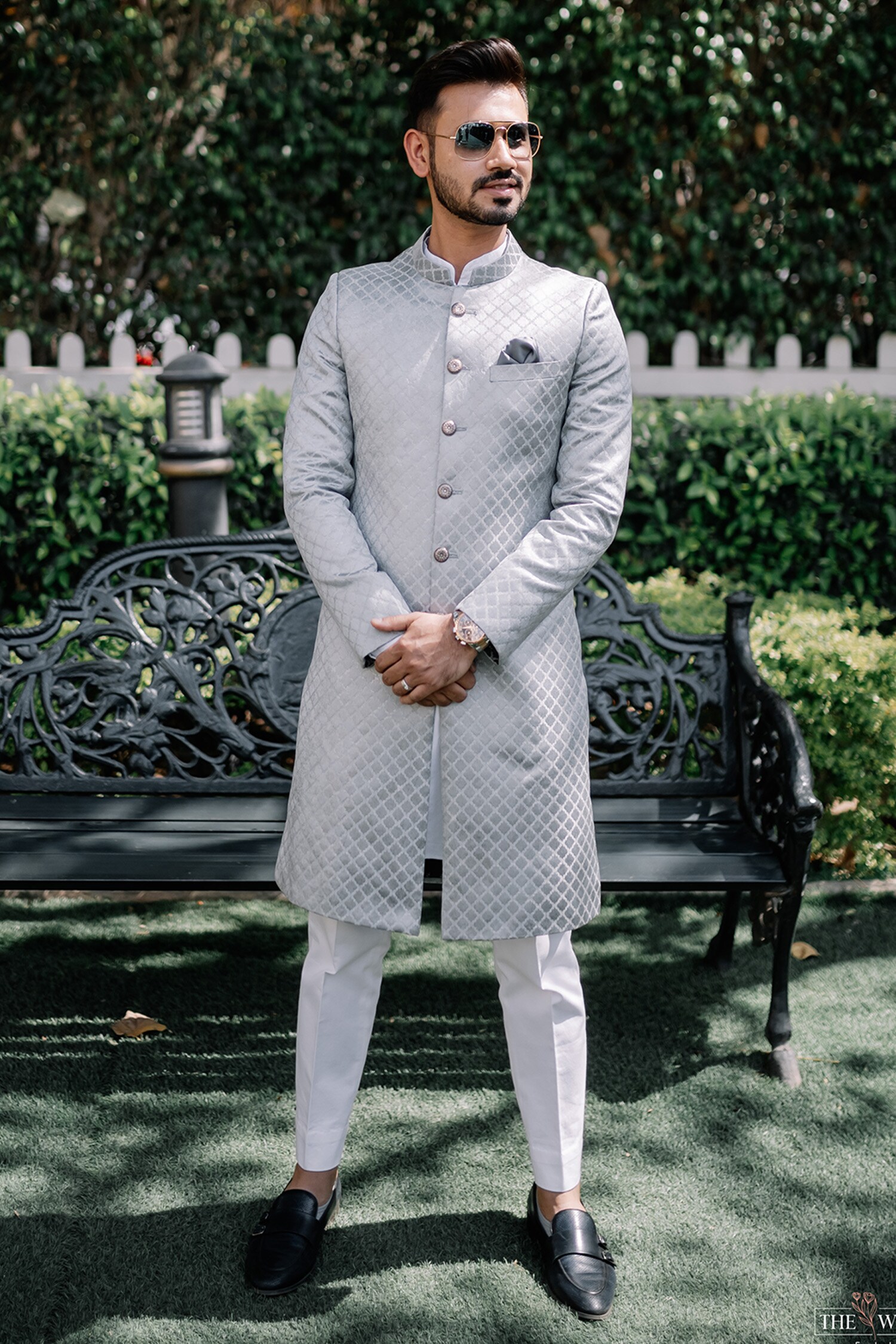 Buy Contrast By Parth Blue Jacquard Sherwani Set Online | Aza Fashions