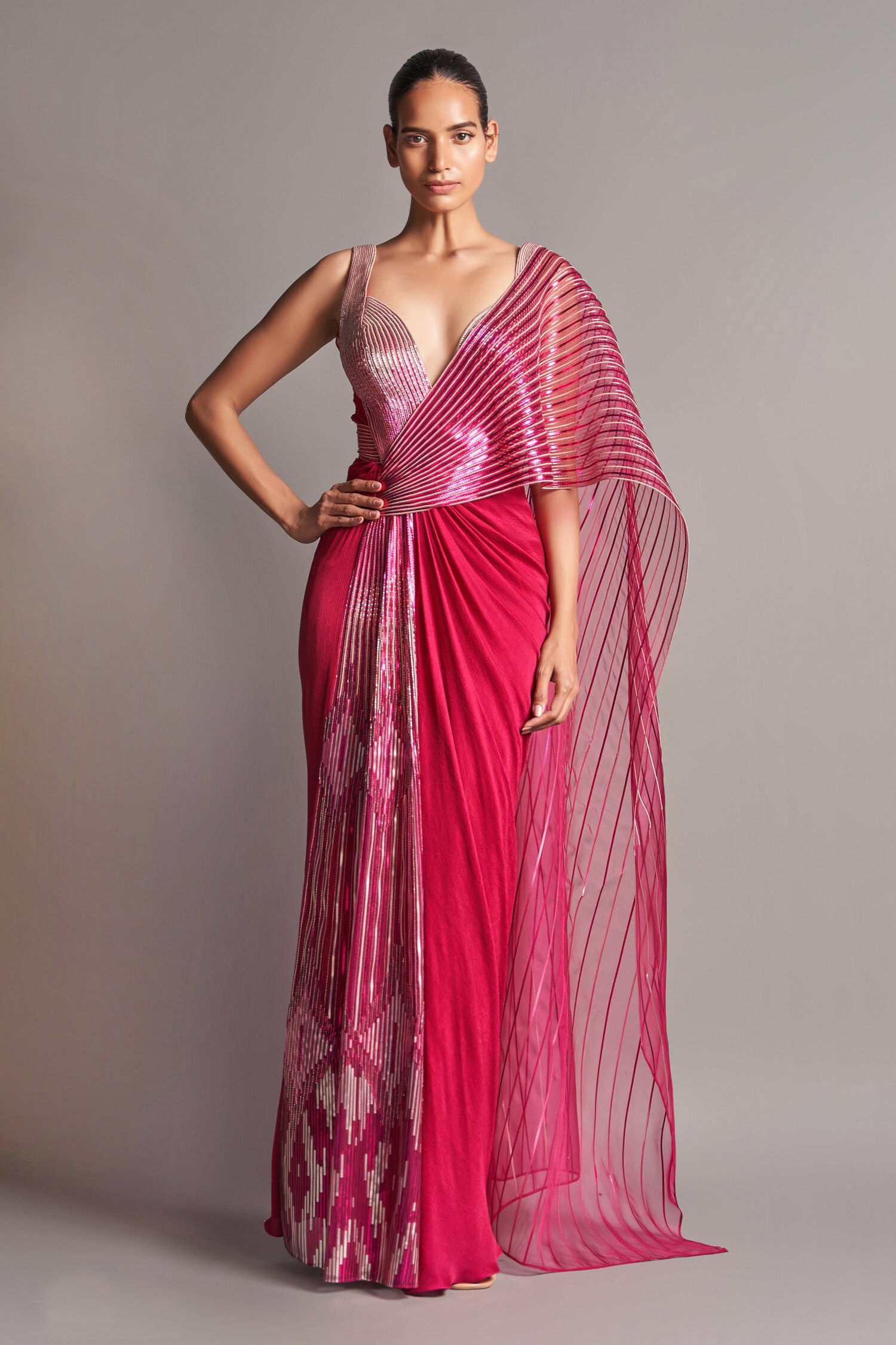 Buy Amit Aggarwal Pink Metallic Pre-stitched Saree Gown Online | Aza ...