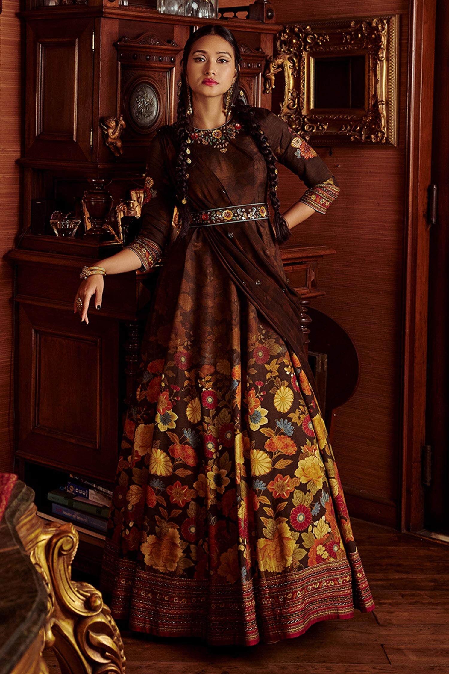 Buy Kalista Brown Viscose Silk Dilnaaz Hand Painted Anarkali With ...