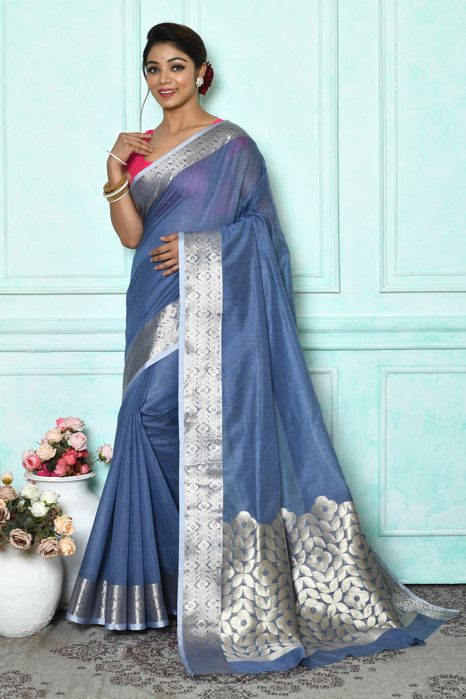 Buy Naintara Bajaj Blue Linen Floweret Pattern Saree Online | Aza Fashions