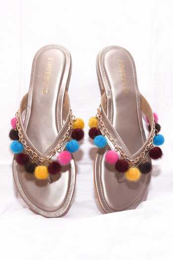 Buy Foot Fuel Gold Rexine Allegiance Pom Pom Charm Embellished Flats ...