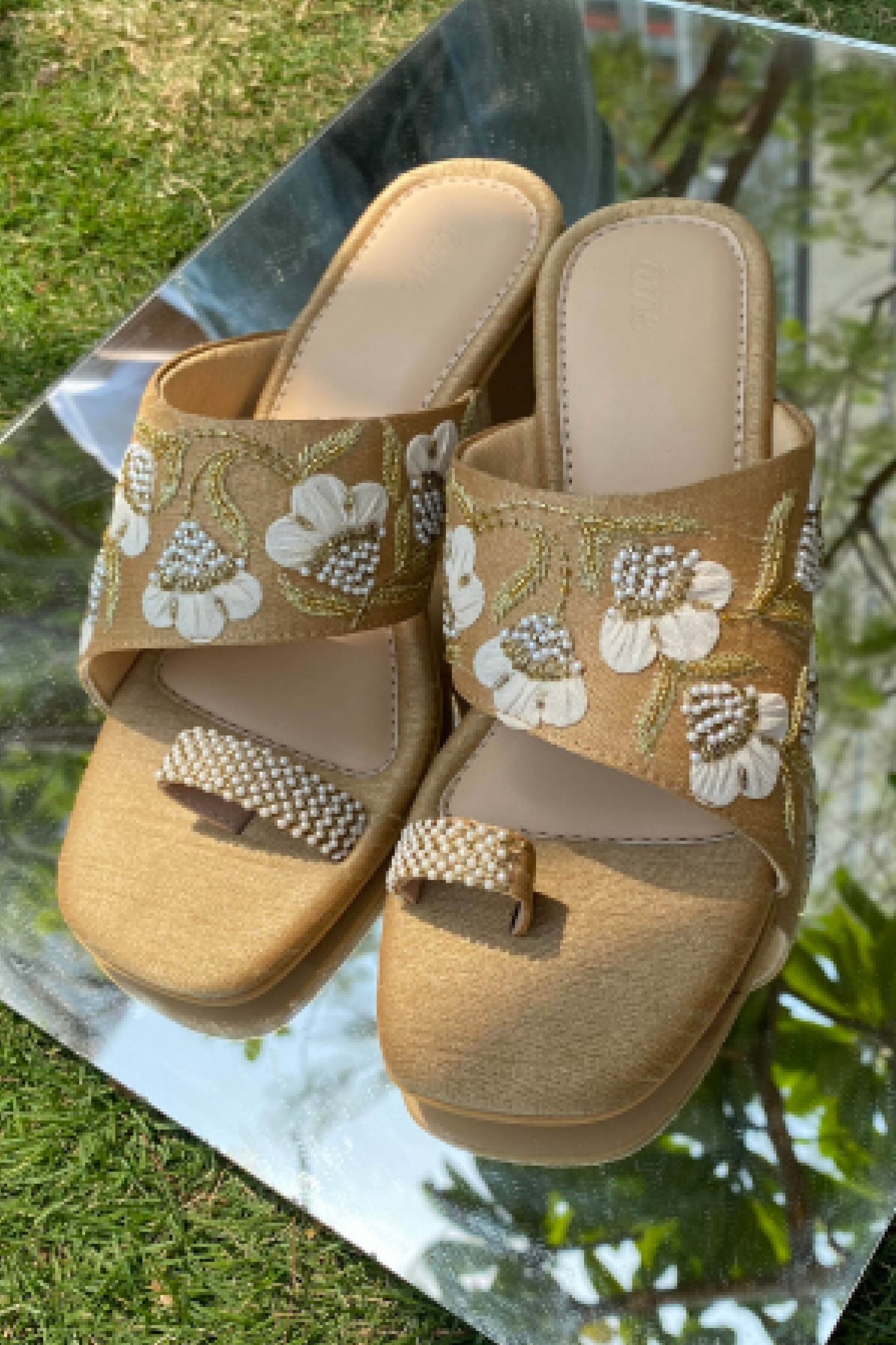 Buy Ame Gold Floral Embellished Block Heels Online | Aza Fashions