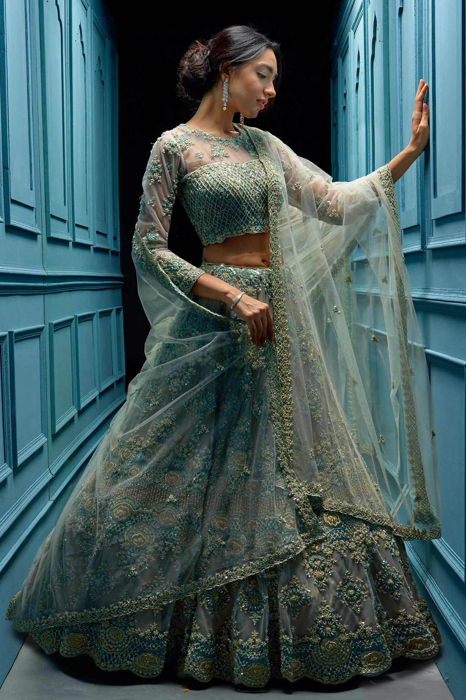 Buy Angad Singh Grey Embroidered Net Lehenga Set Online | Aza Fashions