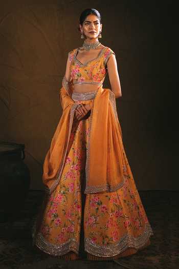 Buy Anushree Reddy Yellow Raw Silk Printed Lehenga Set Online | Aza ...
