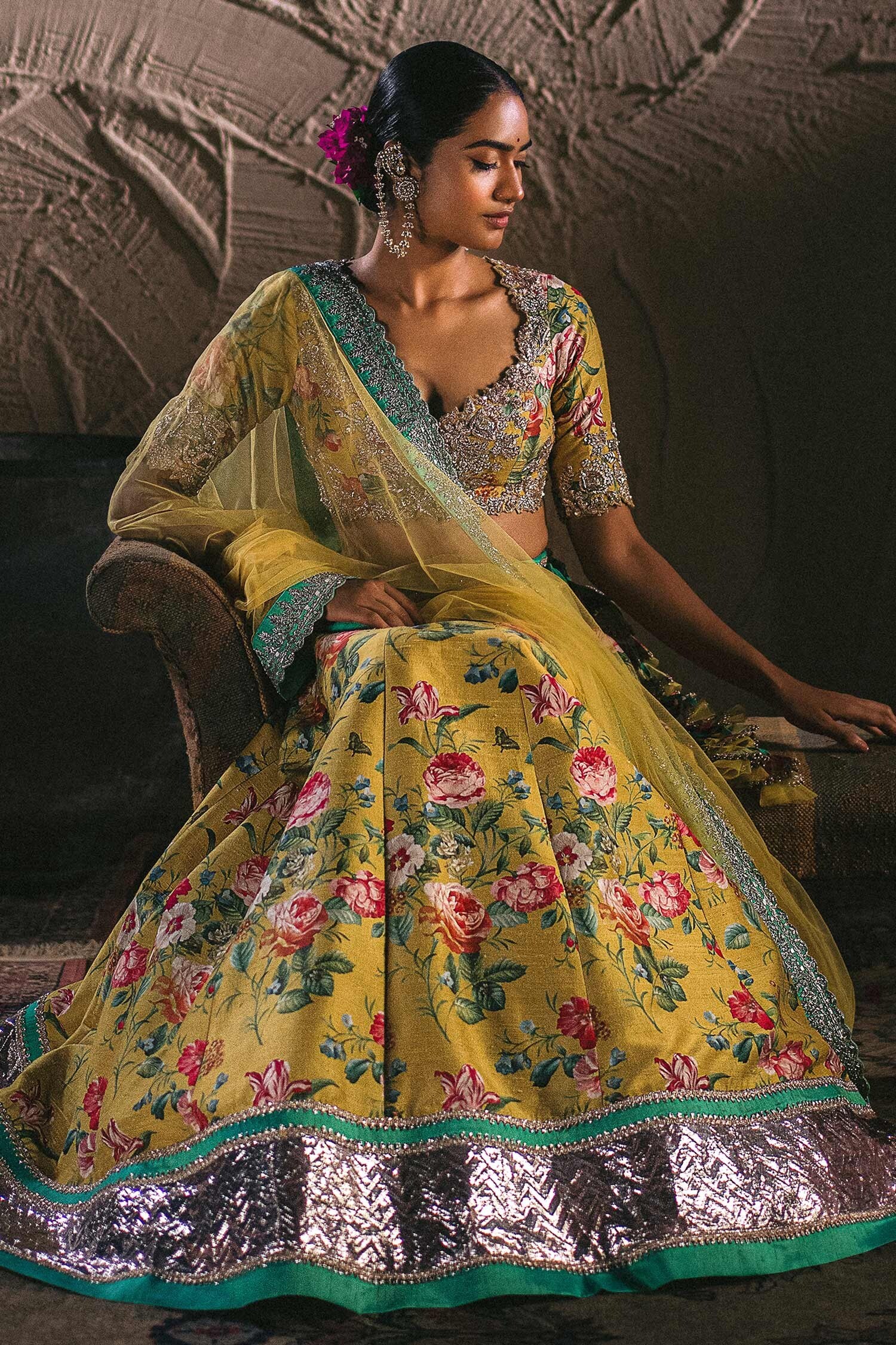 Buy Anushree Reddy Yellow Raw Silk Printed Lehenga Set Online | Aza ...