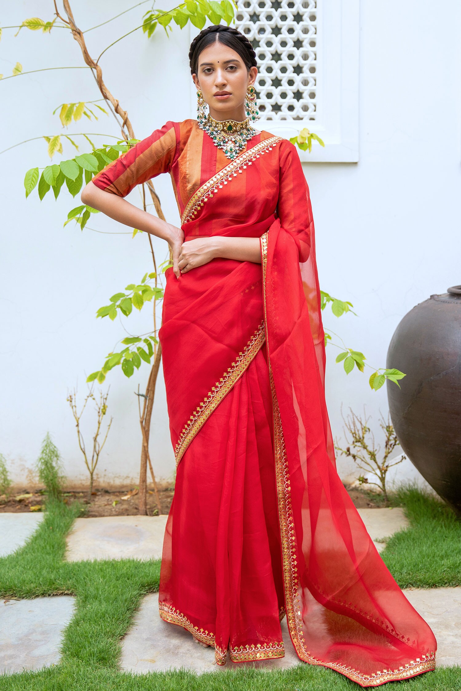 Buy Aarti Sethia Studio Red Pure Silk Organza Gota Patti Saree With ...