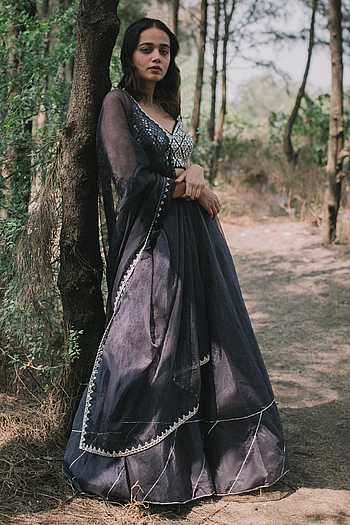 Buy Asaga Black Linen Embroidered Lehenga Set Online | Aza Fashions