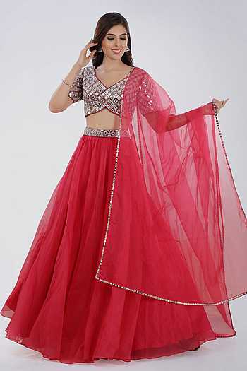 Buy Asaga Red Linen Embellished Lehenga Set Online | Aza Fashions
