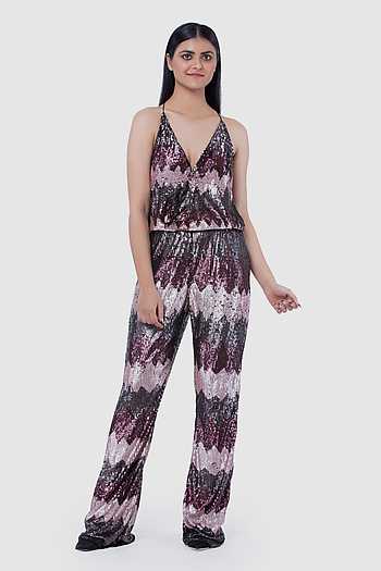 Buy Ambrosia Multi Color Nylon Mesh Sequin Work Sleeveless Jumpsuit ...