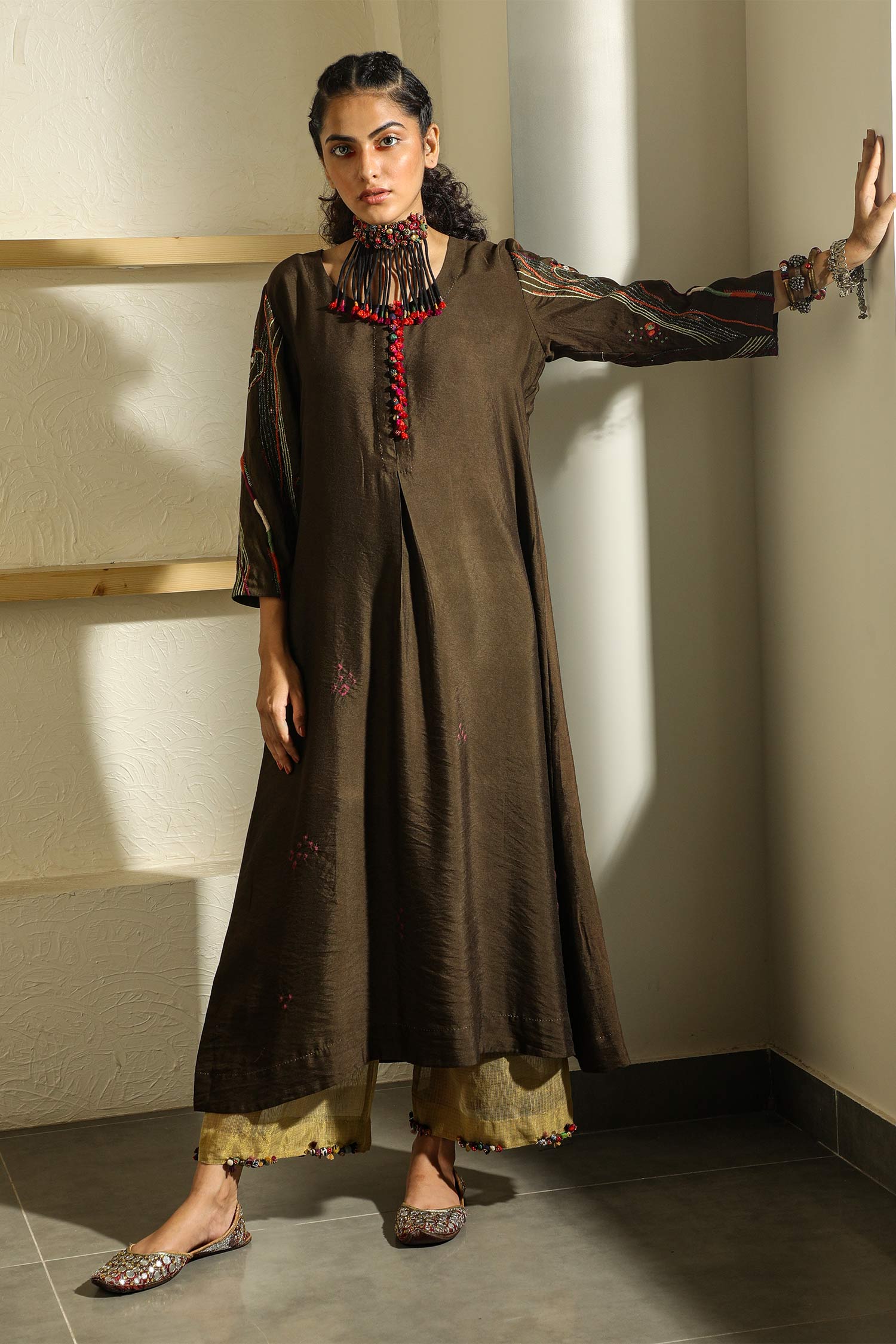 Buy Medha Green Cotton Silk Blend Embroidered Flared Tunic Online | Aza ...