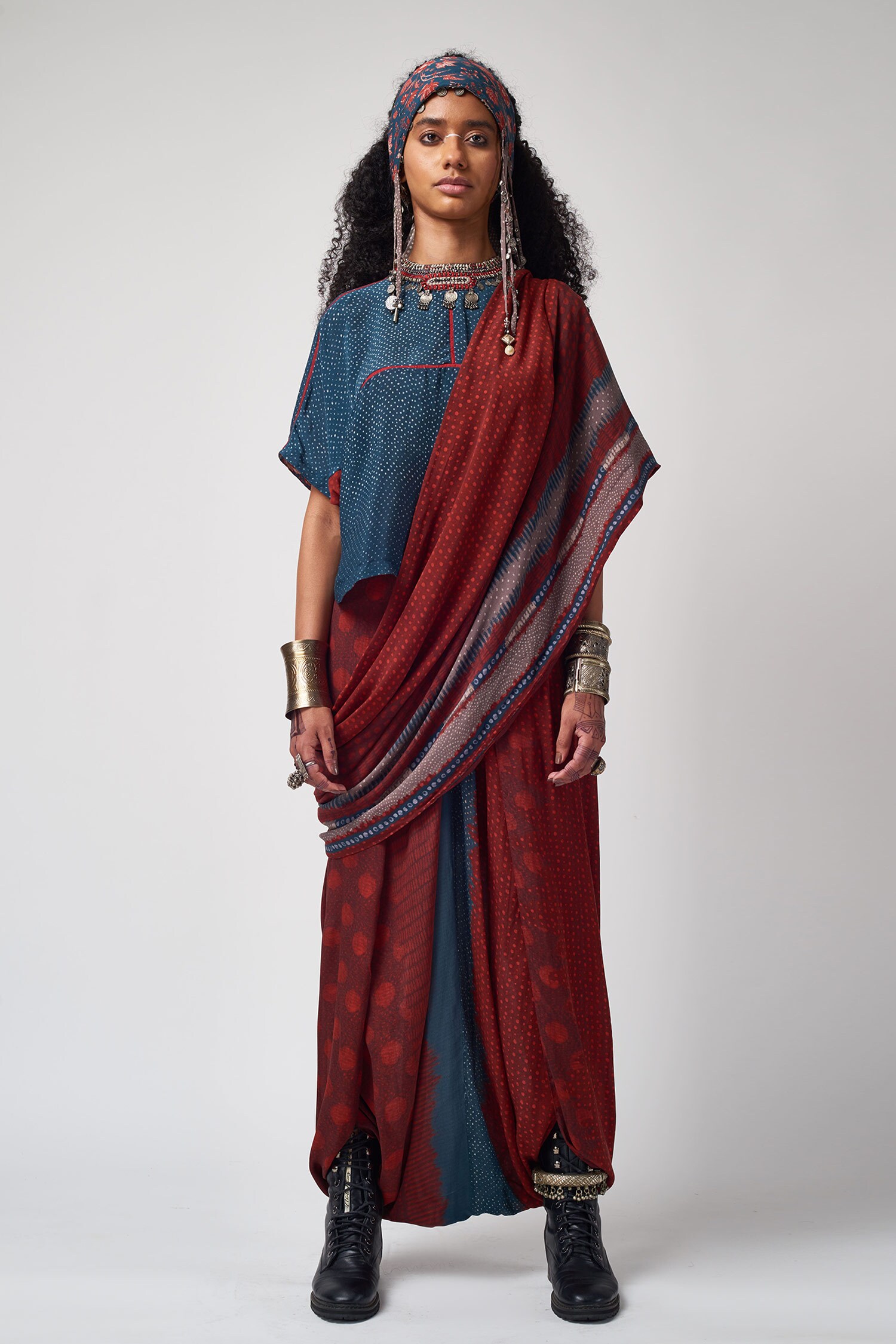 Buy Aseem Kapoor Maroon Natural Crepe Pant Saree Online | Aza Fashions