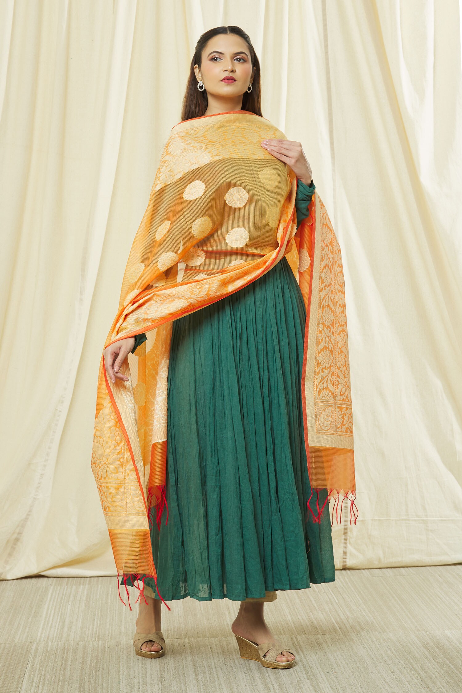 Buy Khwaab by Sanjana Lakhani Orange Cotton Silk Floral Pattern Fringe ...