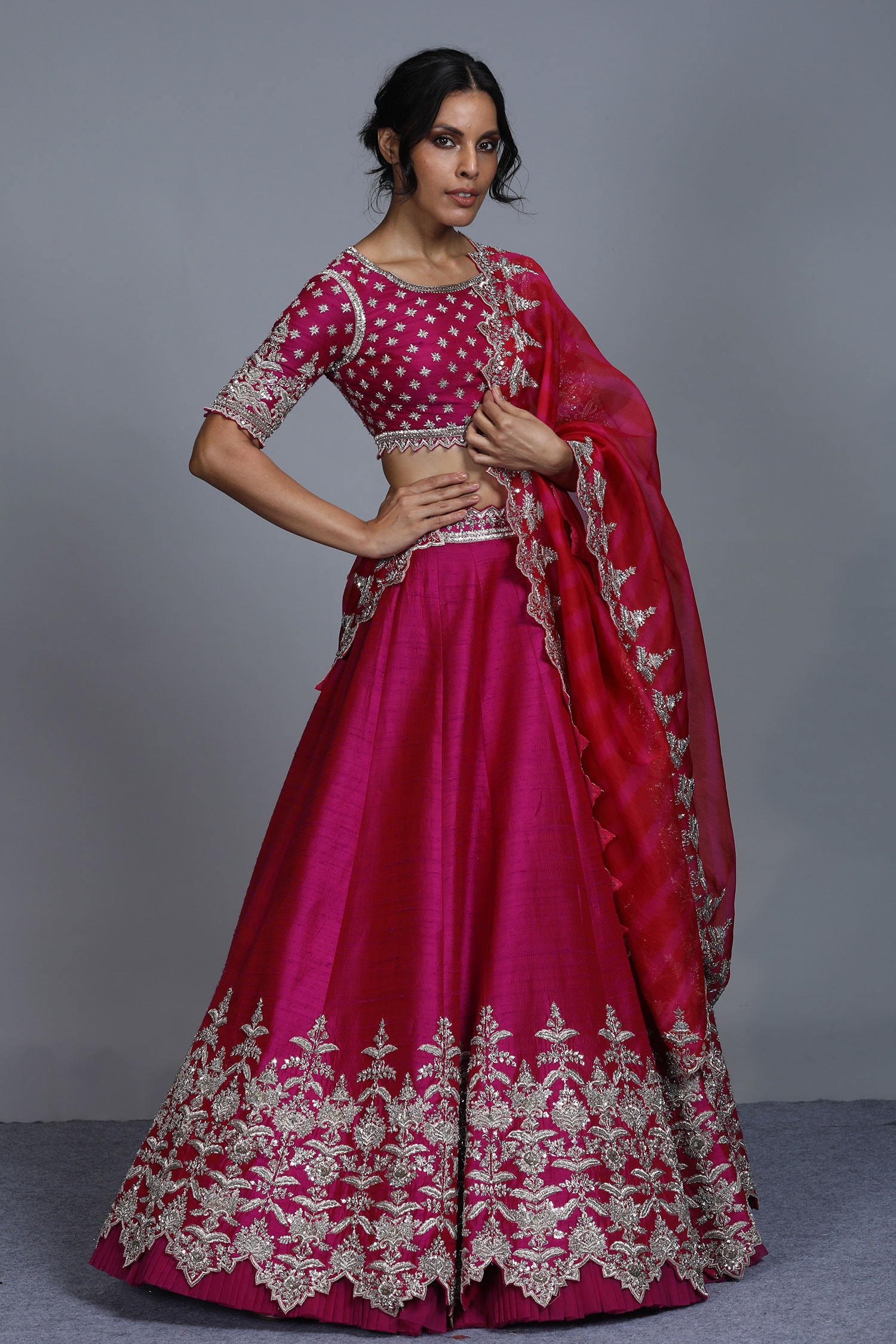 Buy Anushree Reddy Pink Raw Silk Floral Embroidered Lehenga Set Online ...