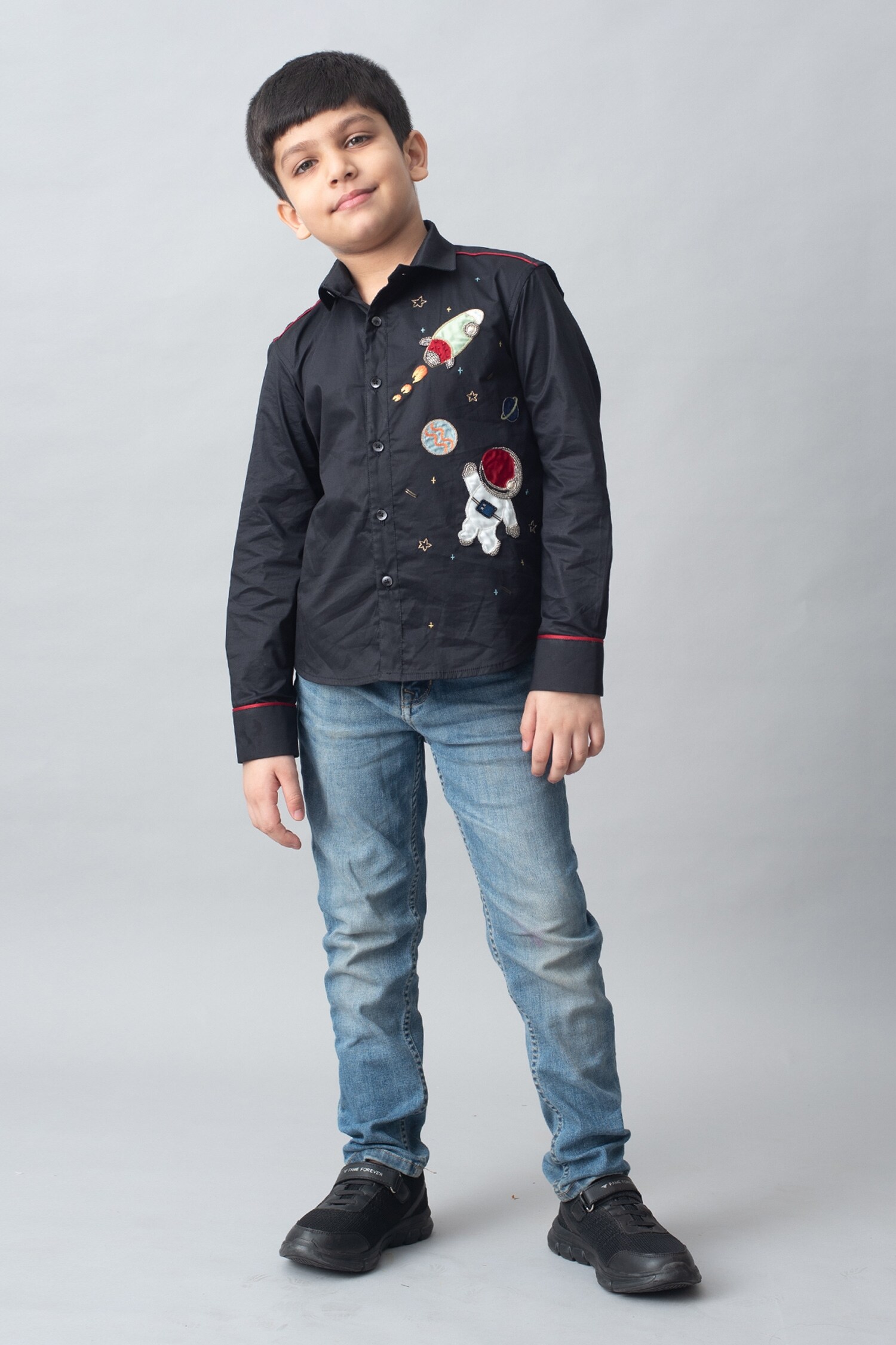 Buy Ba Ba Baby clothing co Black Astronaut Embroidered Shirt For Boys ...