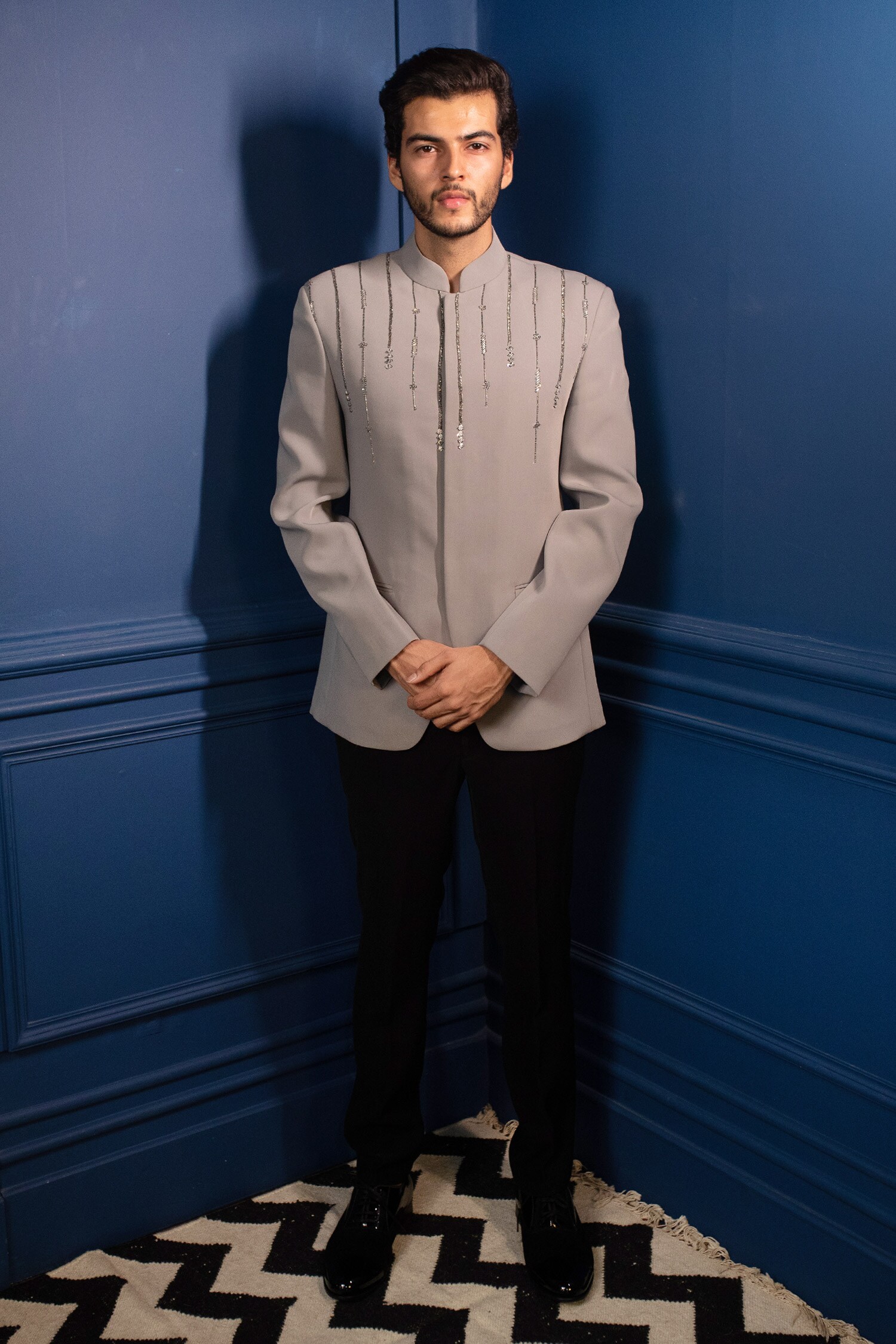 Buy Contrast By Parth Grey Japanese Suiting Embroidered Bandhgala Set ...