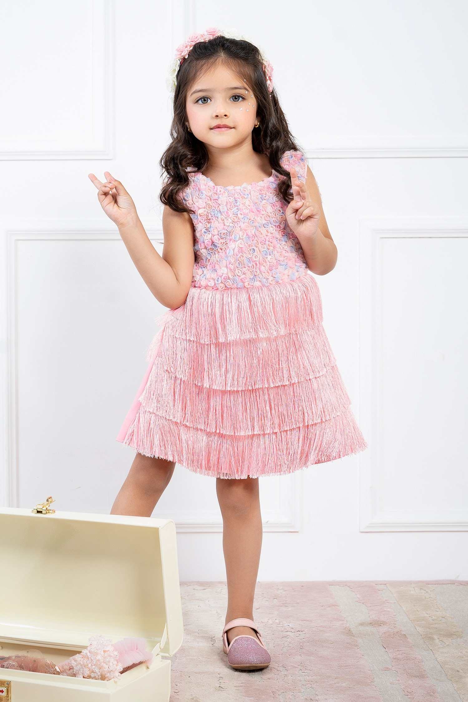 Buy Hoity Moppet Pink Tiered Fringe Dress For Girls Online | Aza Fashions