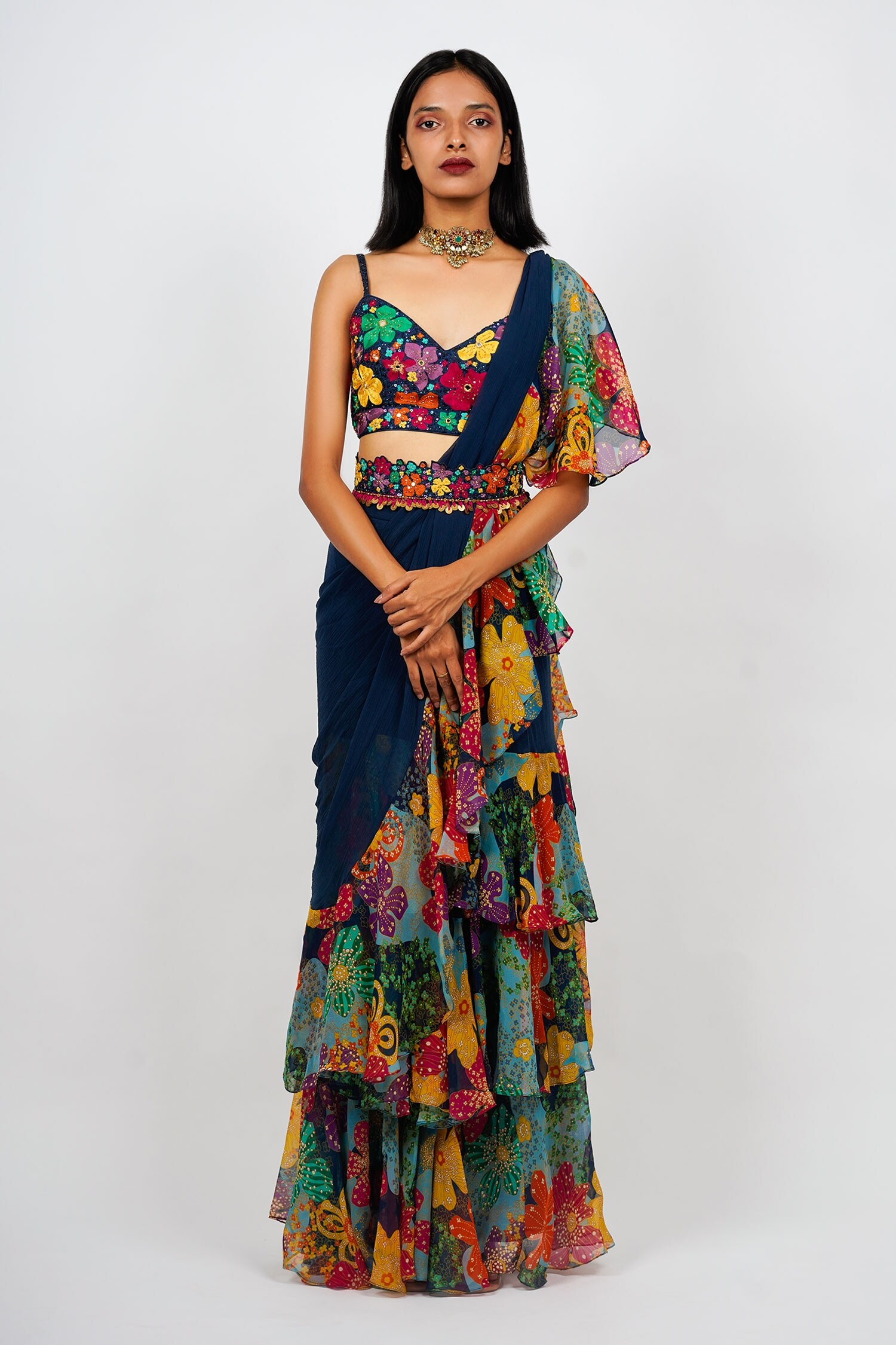 Buy Taavare Blue Chiffon Floral Print Pre-draped Ruffle Saree With ...
