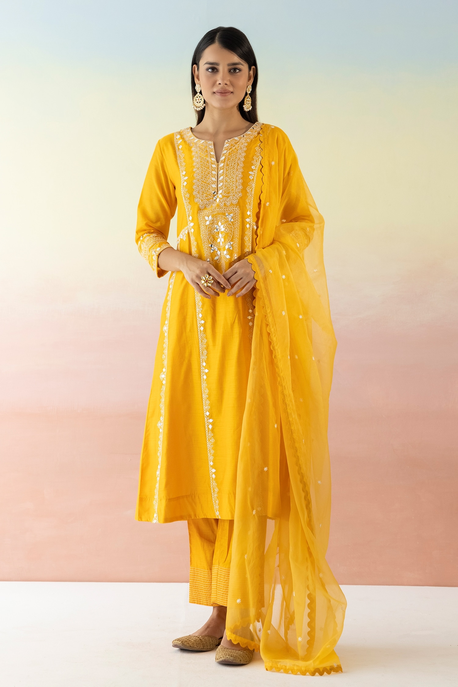 Buy Basanti - Kapde Aur Koffee Yellow Cotton Chanderi Embroidered Kurta ...