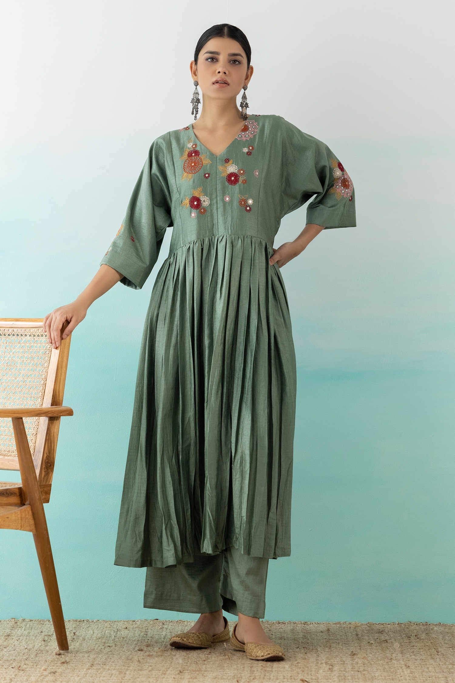 Buy Basanti - Kapde Aur Koffee Green Cotton Silk Embroidered Anarkali ...