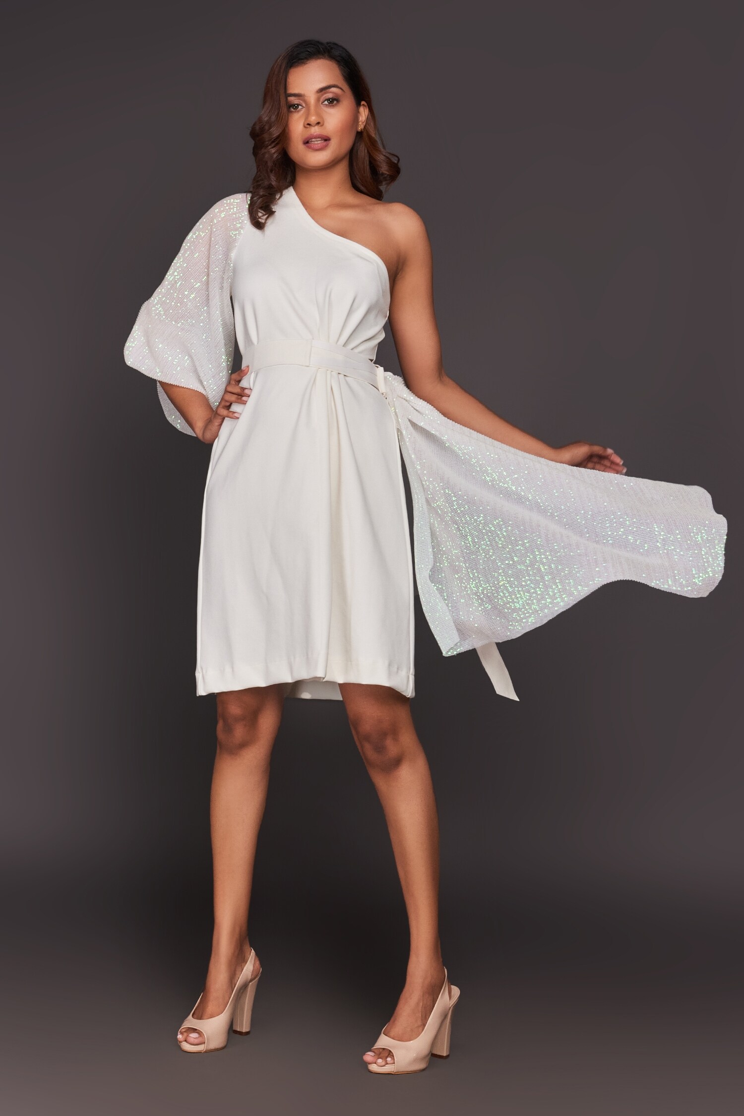 Buy Deepika Arora White Roma One Shoulder Dress With Belt Online | Aza ...
