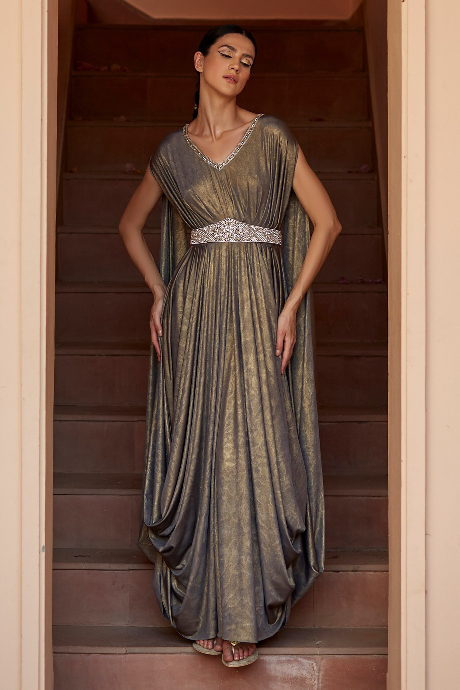 Buy Dania Siddiqui Grey Lycra Isis Metallic Draped Gown Online | Aza ...