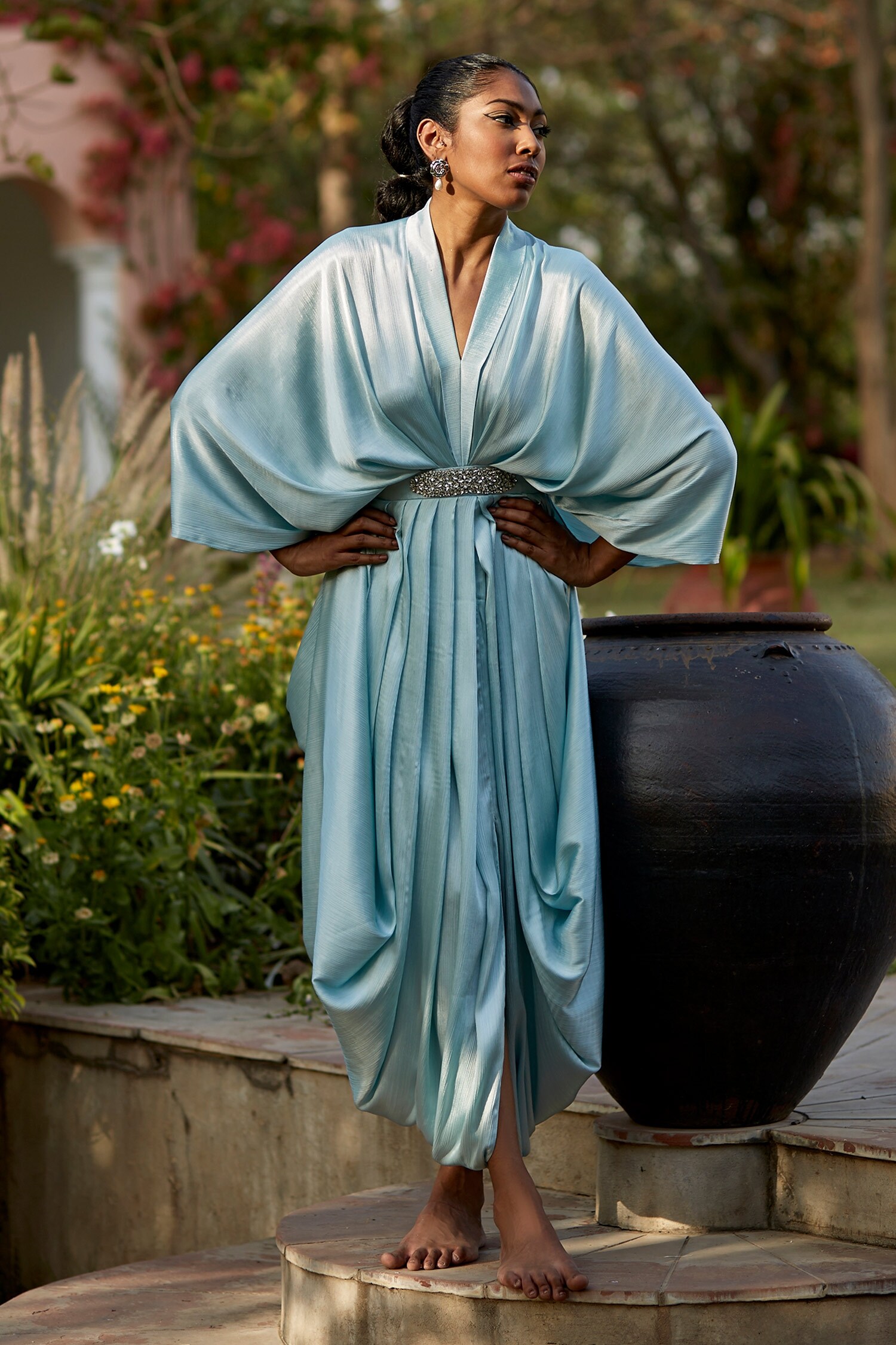 Buy Dania Siddiqui Blue Textured Satin Nile Cowl Draped Dress Online ...