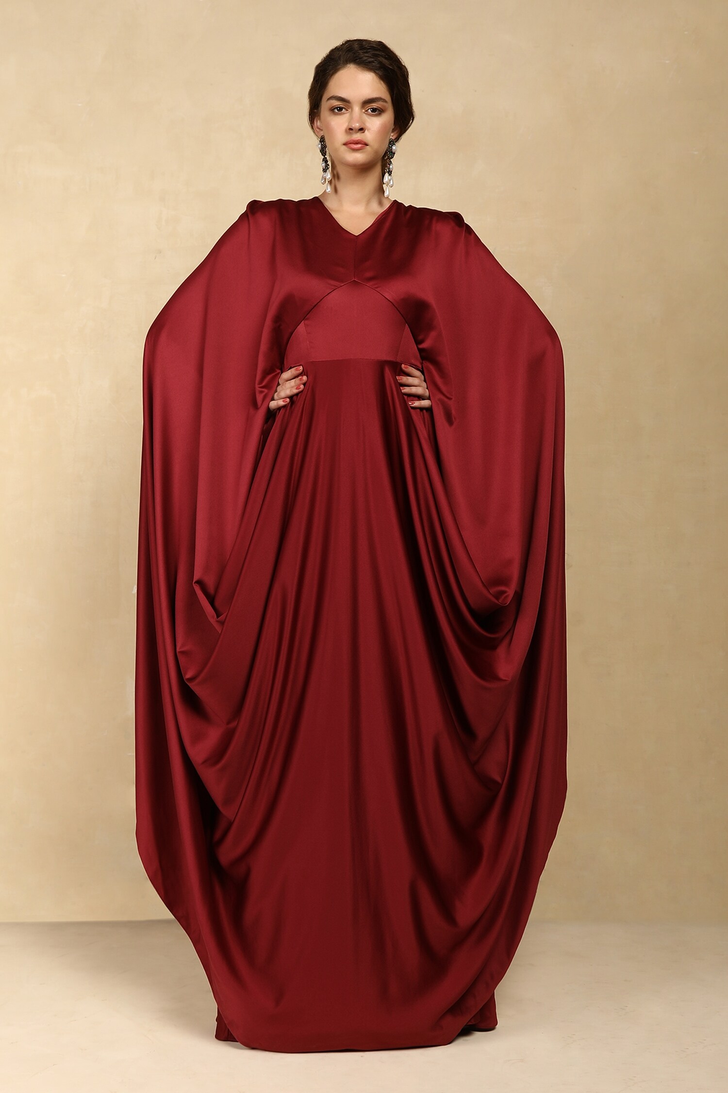 Buy Dania Siddiqui Maroon Crepe Satin Draped Cape Gown Online | Aza ...