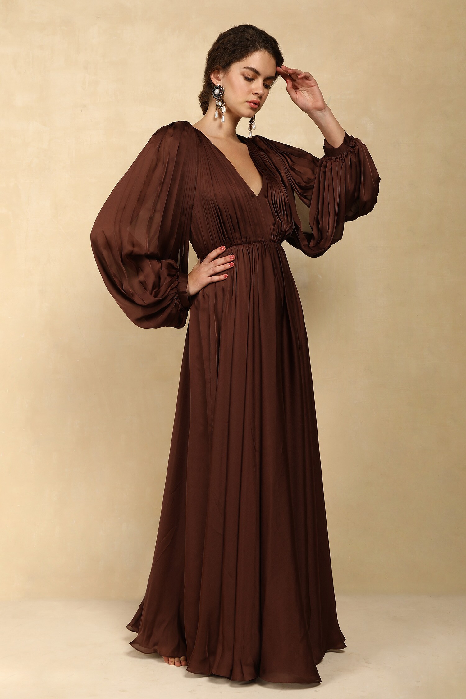 Buy Dania Siddiqui Brown Chiffon Pleated Slit Sleeve Gown Online | Aza ...