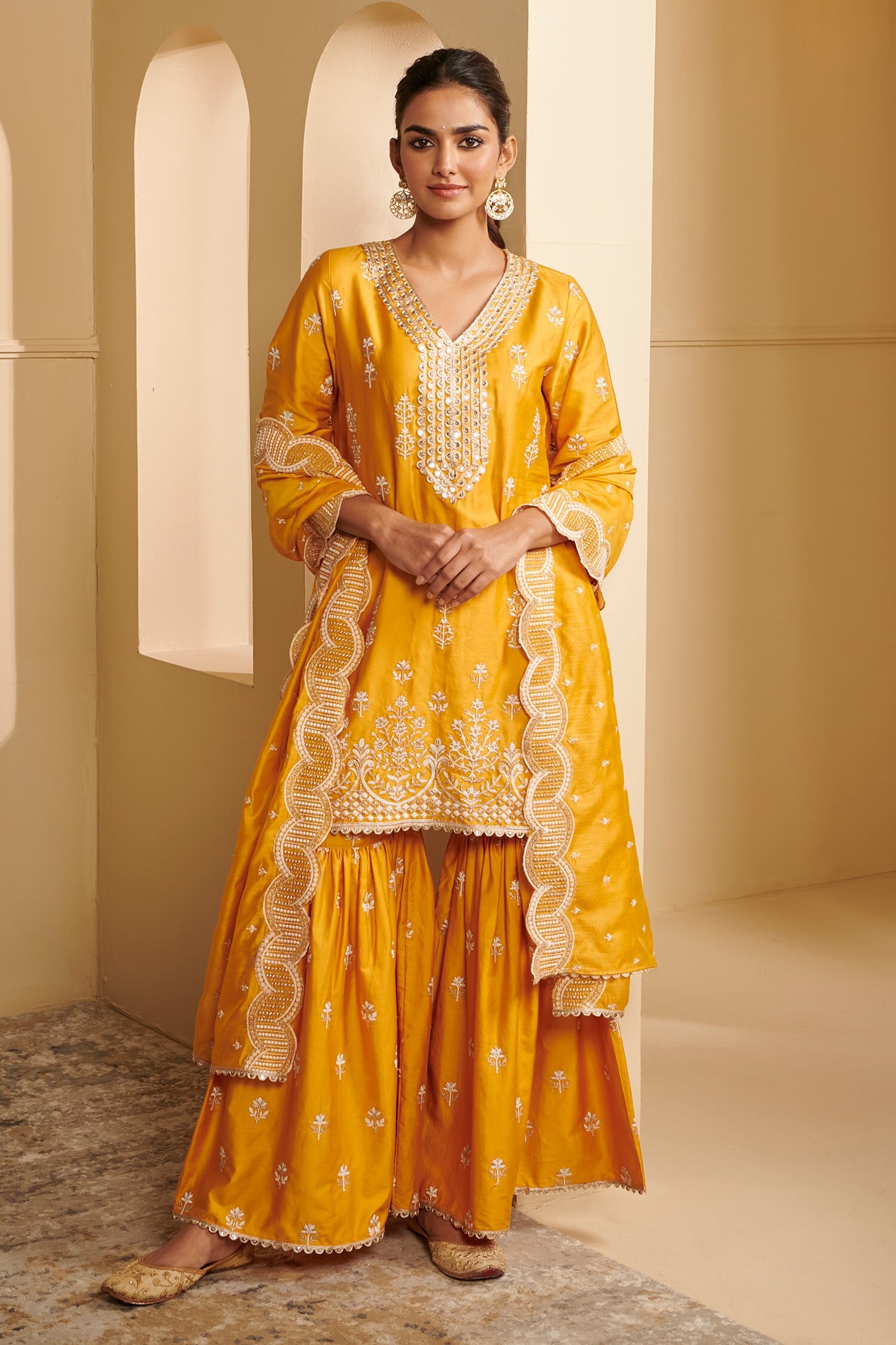 Buy Mulmul Yellow Pure Mulmul Avathi Embroidered Kurta Gharara Set ...