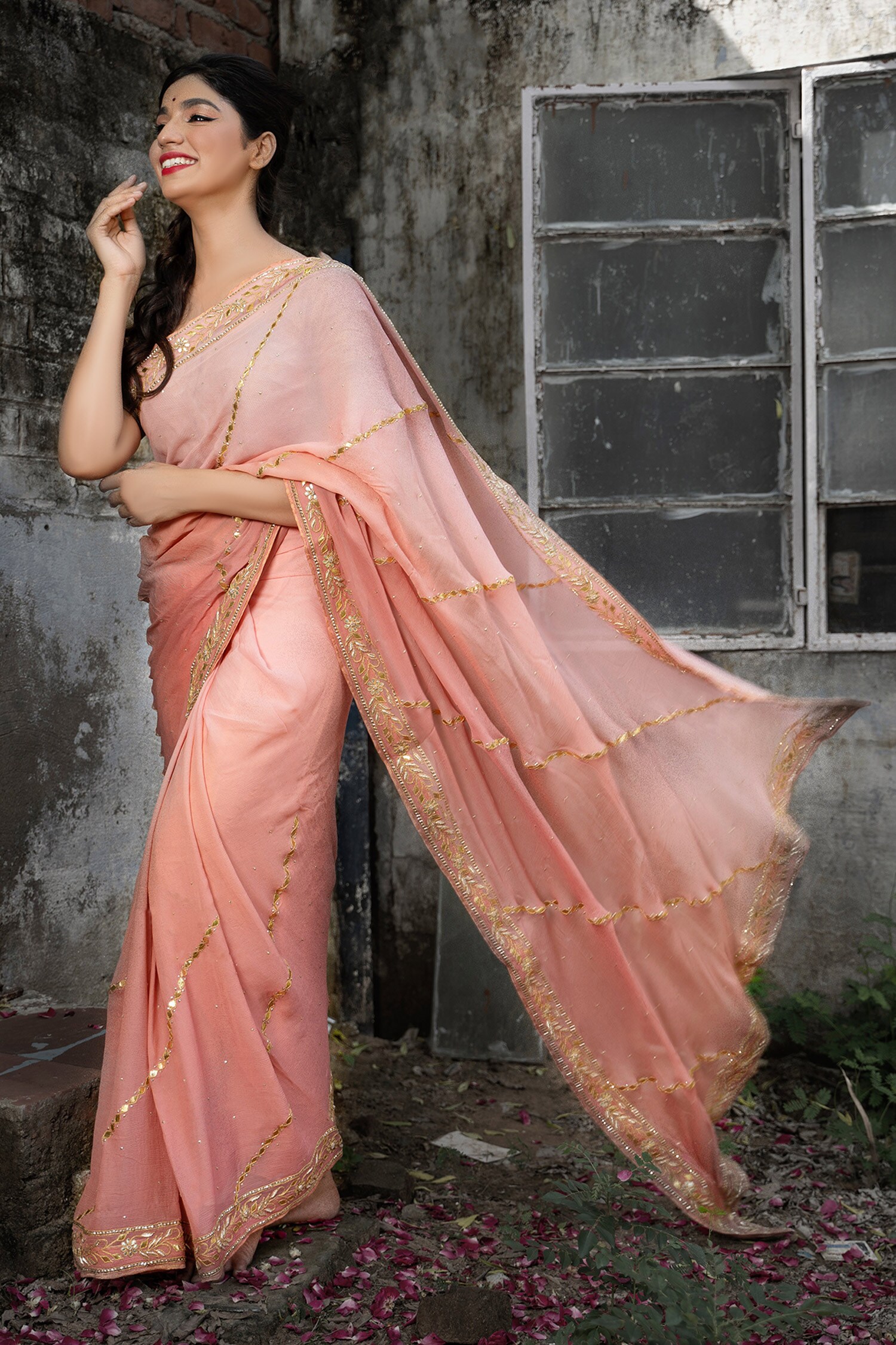 Buy Ruar India Peach Chiffon Gota Embroidered Saree With Blouse Online ...