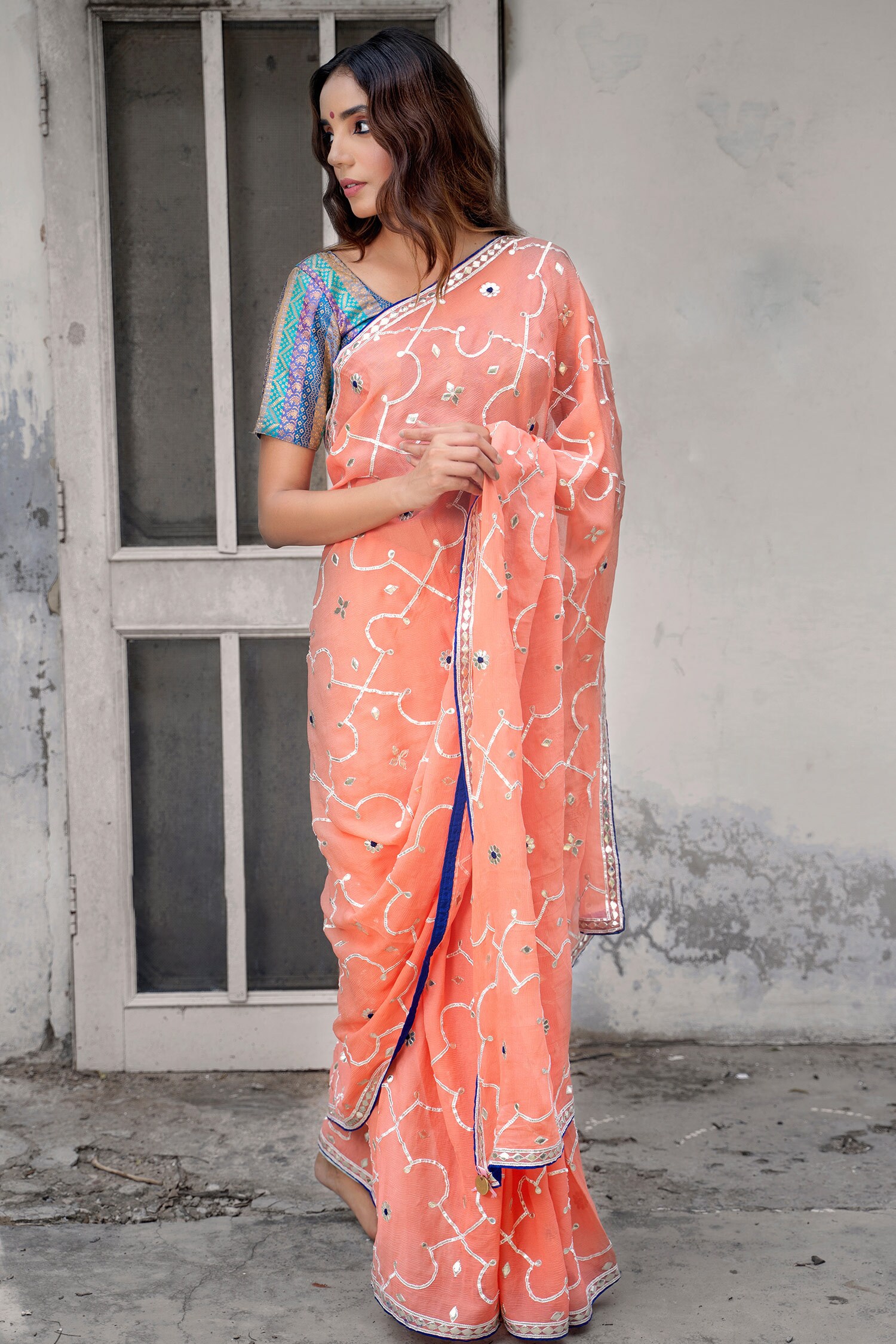 Buy Ruar India Peach Chiffon Gota Embroidered Saree With Blouse Online ...