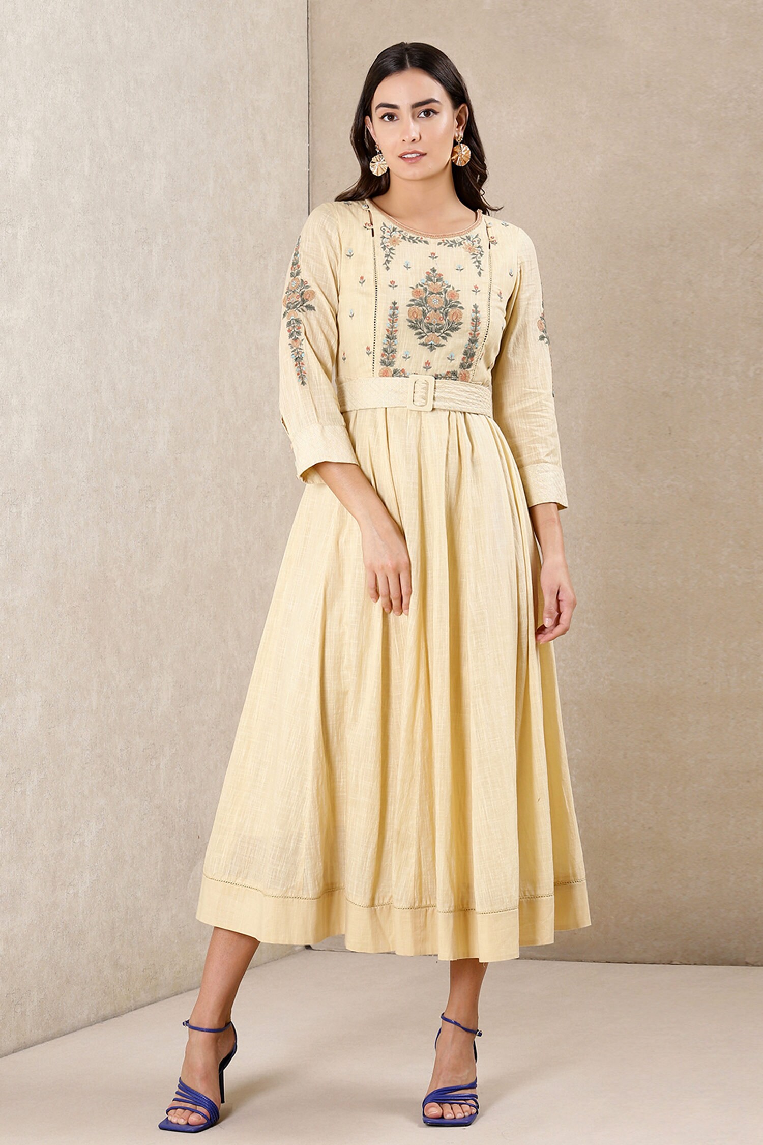 Buy Ritu Kumar Beige Cotton Slub Embroidered Dress Online | Aza Fashions