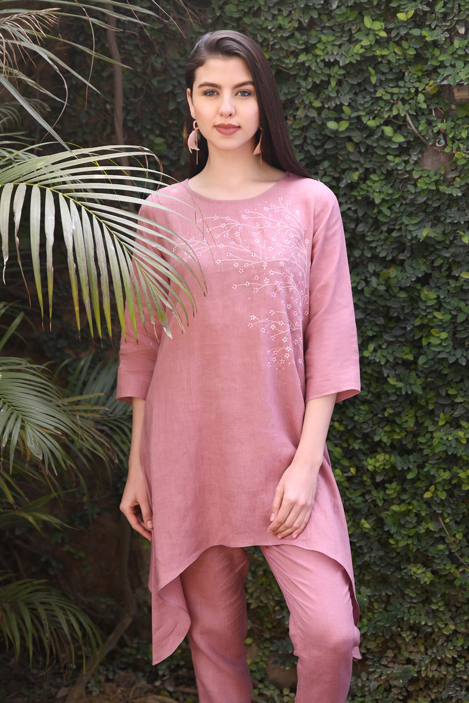 Buy Linen Bloom Pink Linen Embroidered Tunic Online | Aza Fashions
