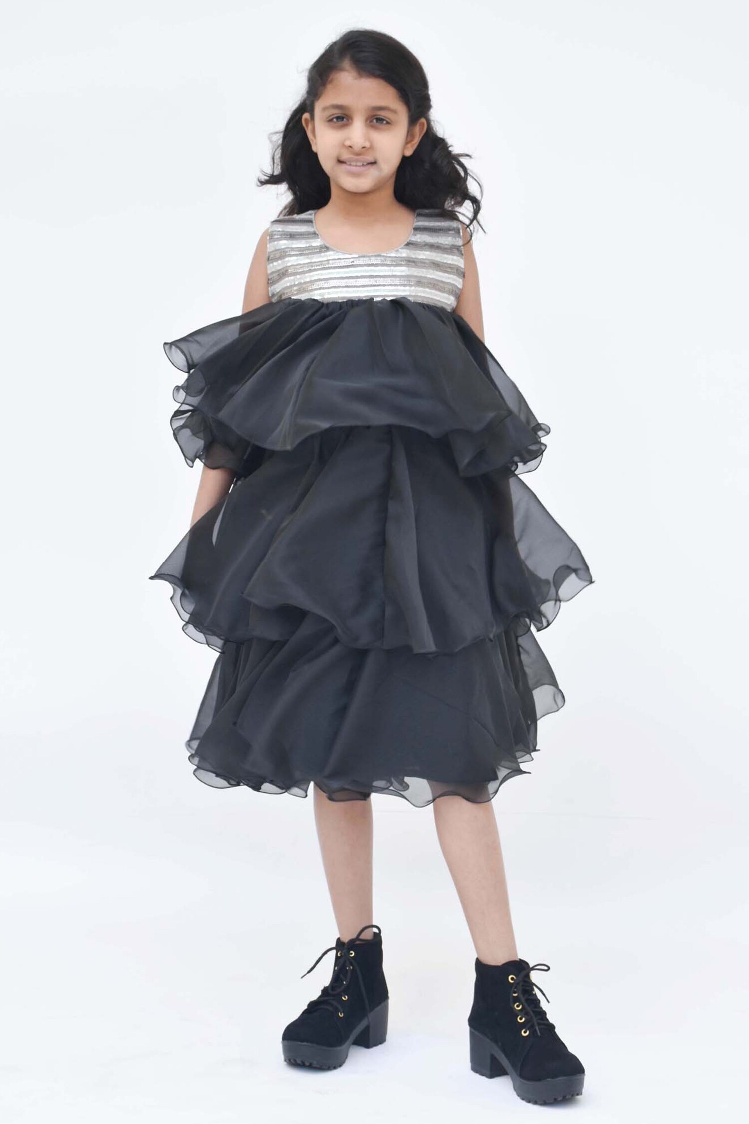Buy FAYON KIDS Black Tiered Dress For Girls Online | Aza Fashions