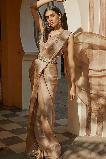 Buy Radhika & Raghav Gold Organza Fringe Detail Pre-stitched Saree With ...