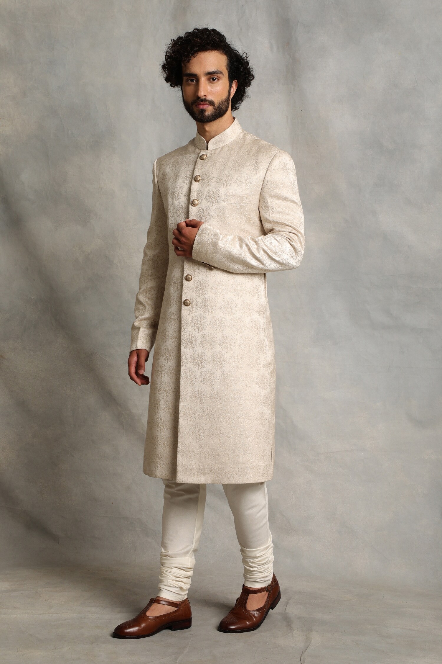 Buy Gargee Designers White Viscose Jacquard Textured Sherwani Set ...