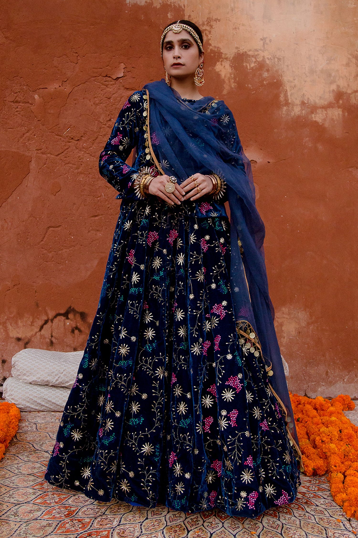 Buy Gulabo Jaipur Blue Chaya Velvet Embroidered Kurta Lehenga Set ...