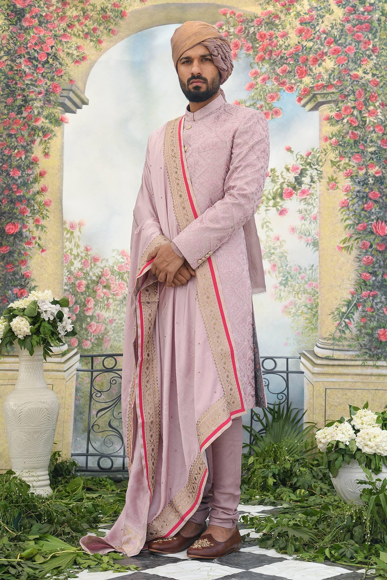 Buy Punit Arora Pink Silk Sherwani Set Online | Aza Fashions