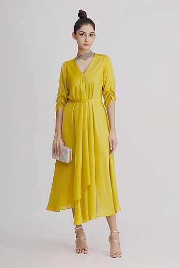 Buy Harsh Harsh Yellow Dupion Silk Draped Dress Online | Aza Fashions