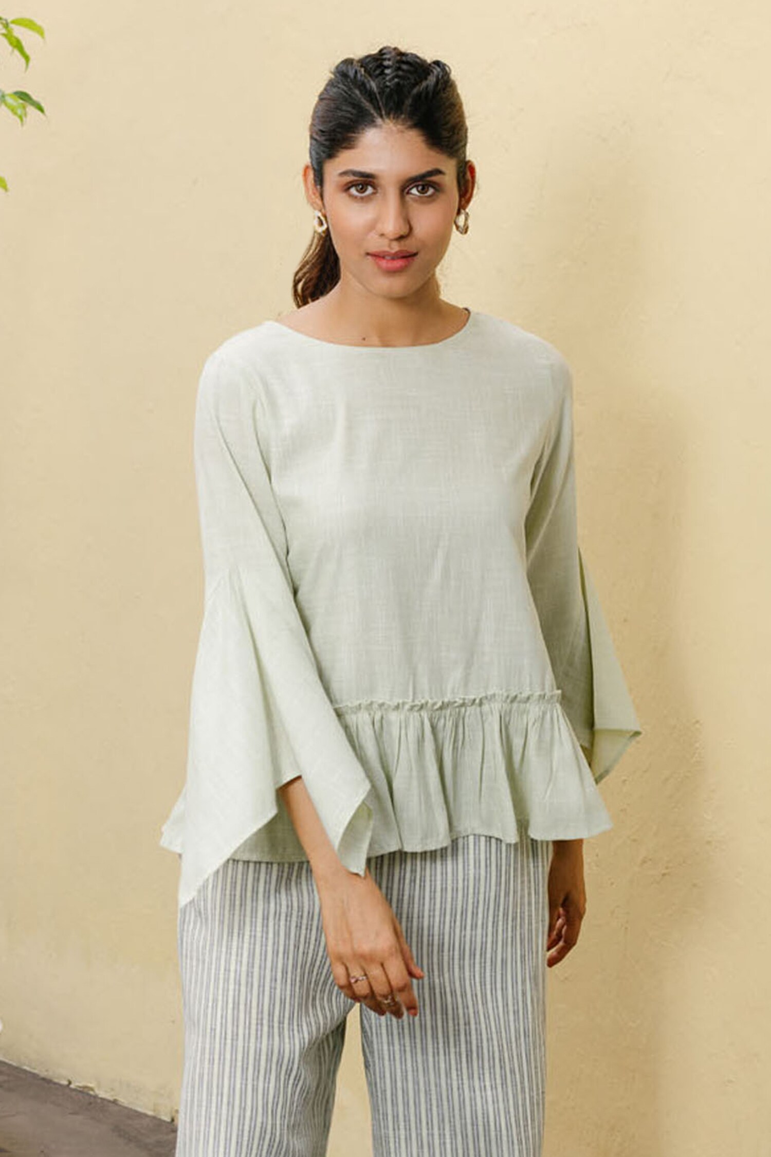Buy House of Fett Green Rayon Billowing Sleeve Top Online | Aza Fashions