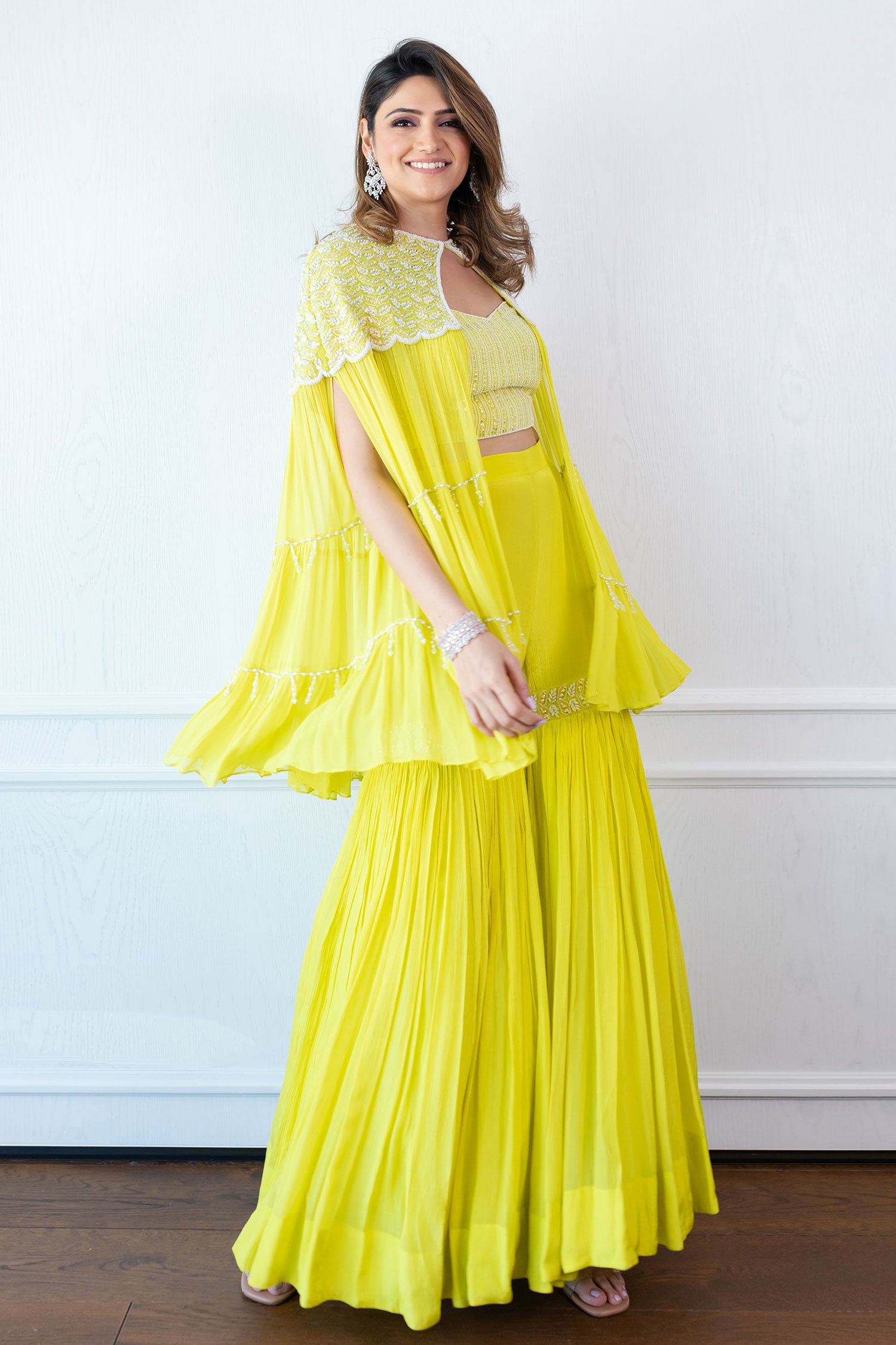 Buy Keith Gomes Yellow Chiffon Crepe Embroidered Cape Gharara Set ...