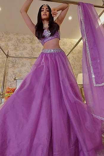 Buy Asaga Purple Linen Embroidered Lehenga Set Online | Aza Fashions